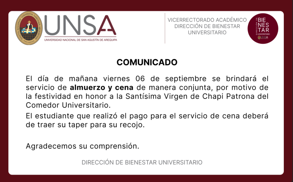COMUNICADO COMEDOR UNIVERSITARIO – VIERNES 06/09 ALMUERZO Y CENA